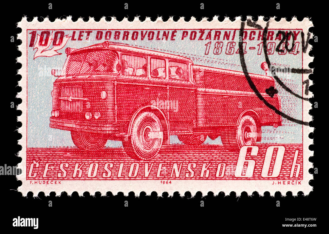 Postage stamp from Czechoslovakian depicting a Skoda fire engine ...
