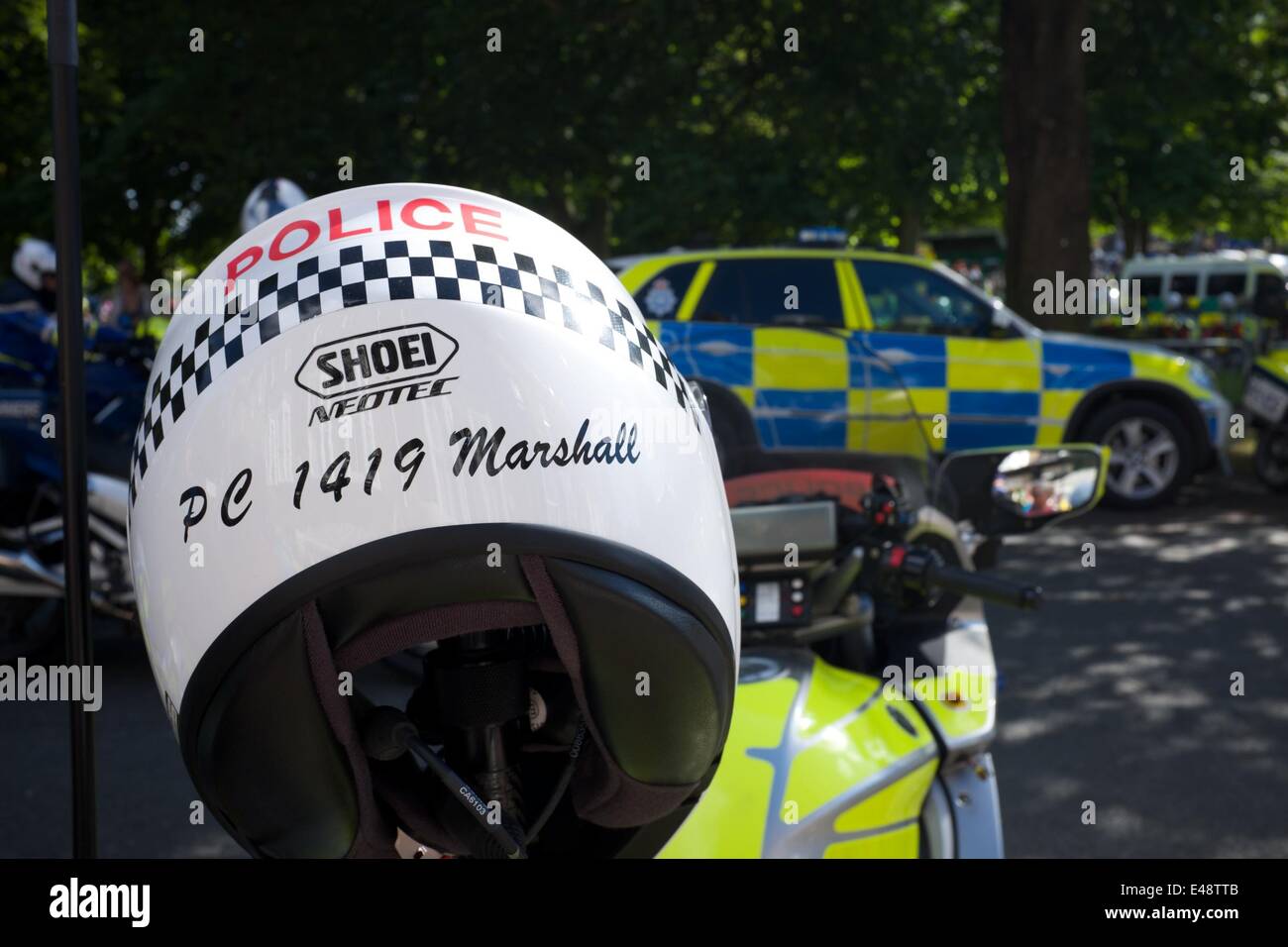 Harrogate, North Yorkshire, UK. 5th July, 2014. A police helmet sits on ...