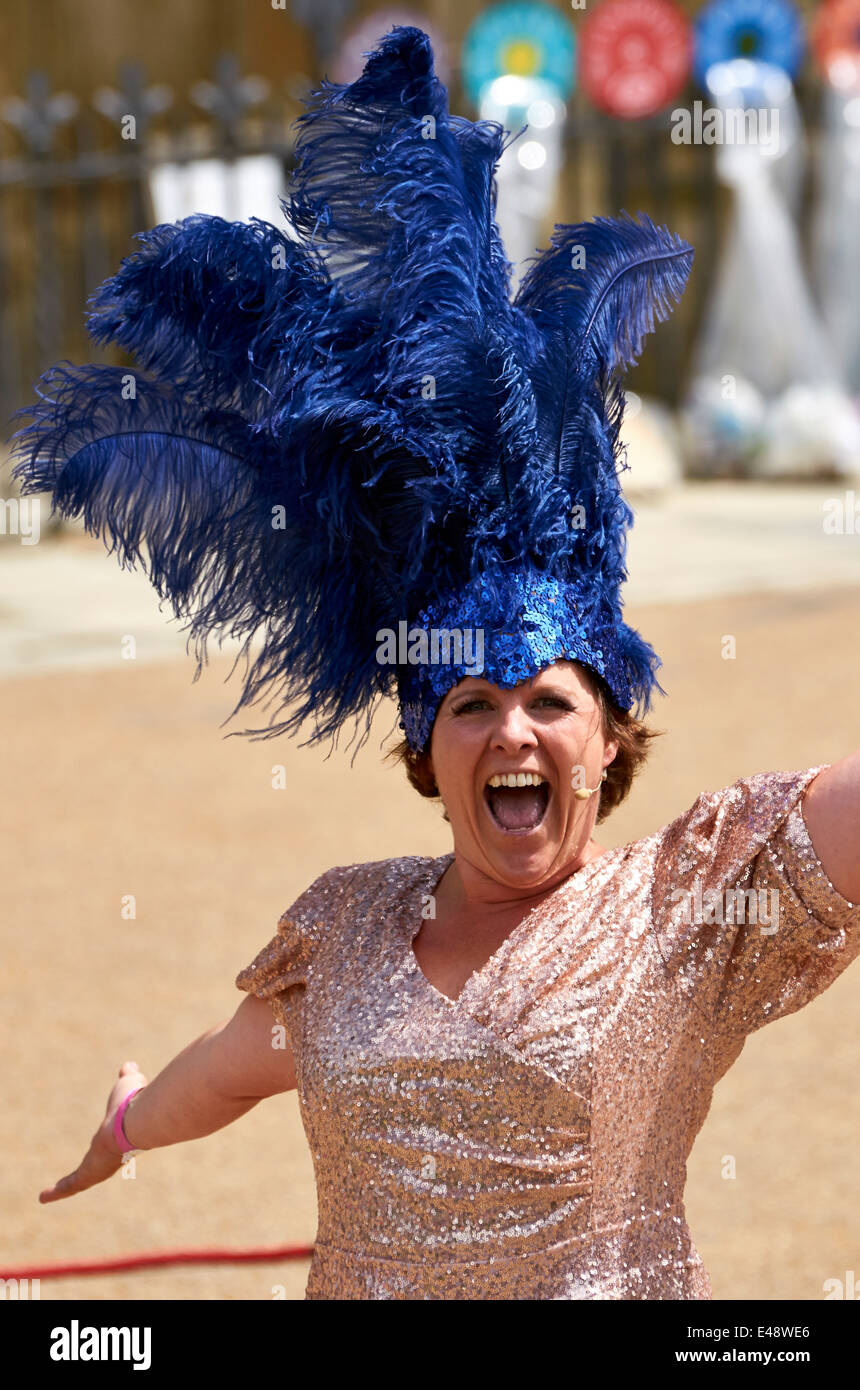 Scarlet, a female ladder walker and juggler at Winchester Hat Fair 2014 ...