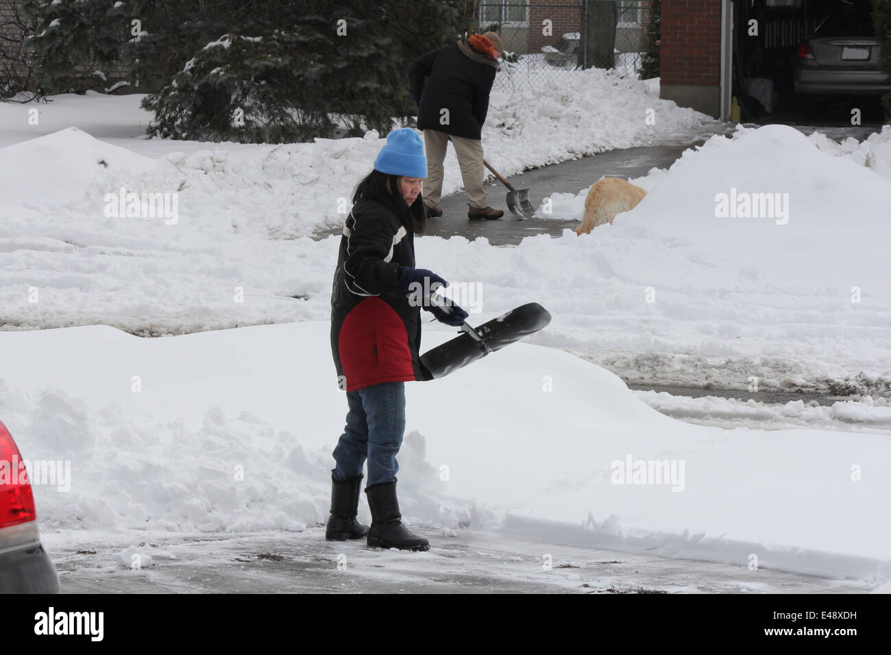 Lady shoveling the deep snow off her driveway after a snow storm Stock ...