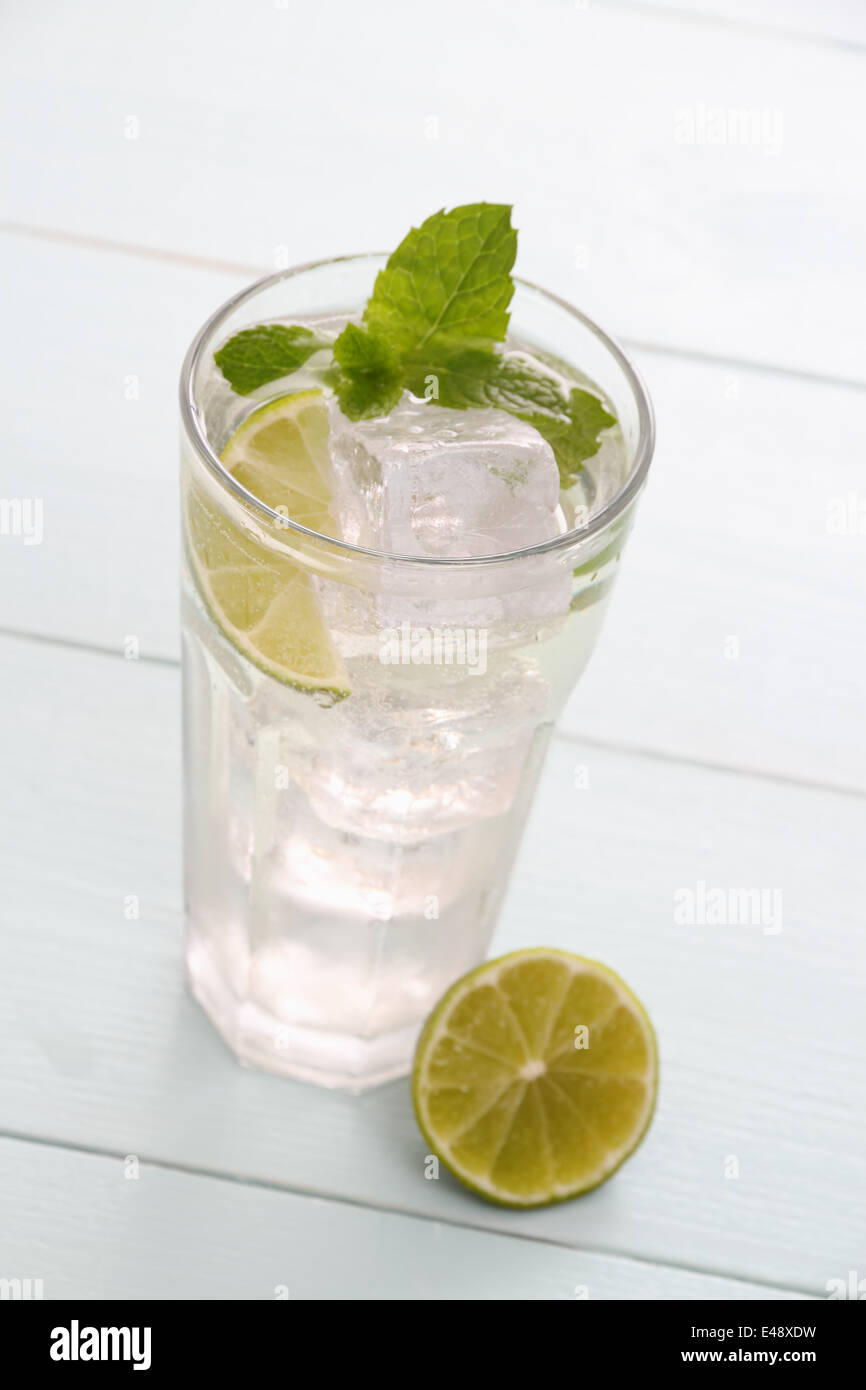 Hugo cocktail with lime, mint and ice cubes, top view Stock Photo - Alamy
