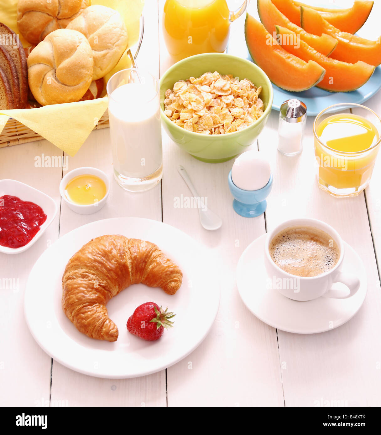 Table set for breakfast with healthy food, top view Stock Photo - Alamy