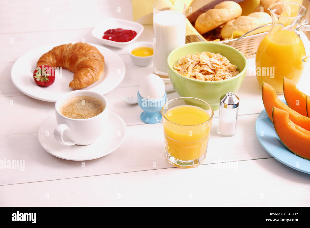 Table set for breakfast and healthy food, top view Stock Photo - Alamy