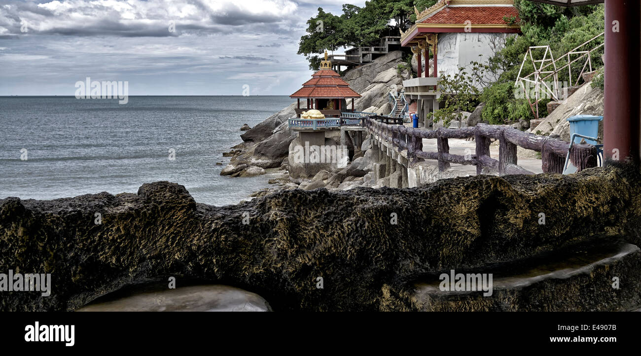 Temple Thailand. View of Khao Tao Buddhist temple overlooking the ocean ...