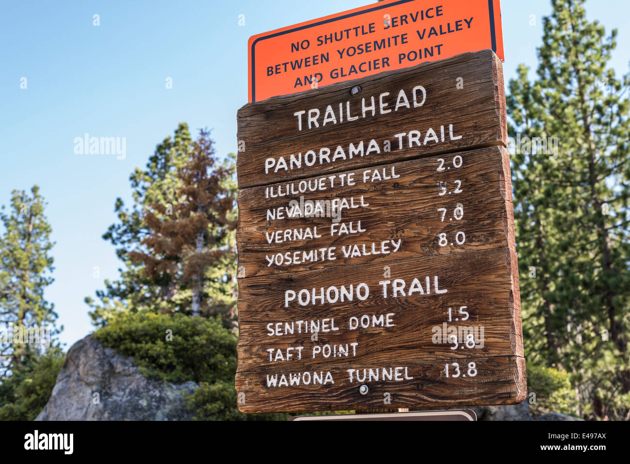 Trailhead sign showing distances located at Glacier Point. Yosemite ...