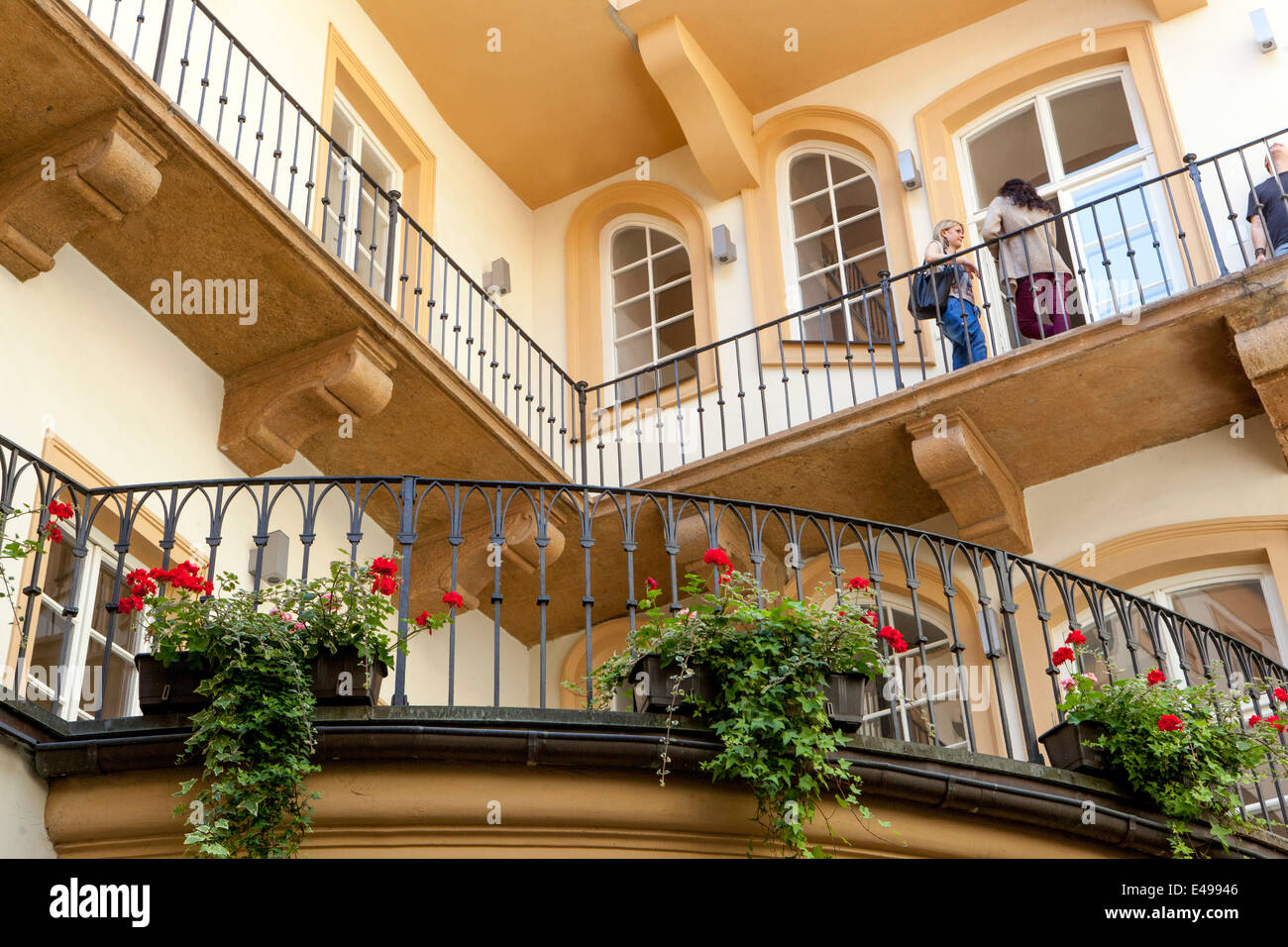 Prague Old Town Building Balcony in courtyard, apartment Stock Photo ...