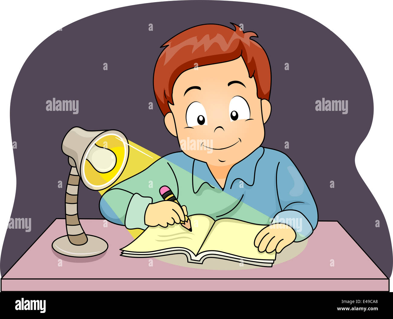 Illustration of a Little Boy Using a Lamp to Study at Night Stock Photo ...