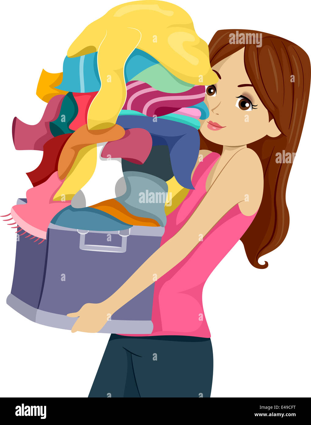 Illustration of a Girl Carrying a Huge Pile of Laundry Stock Photo - Alamy