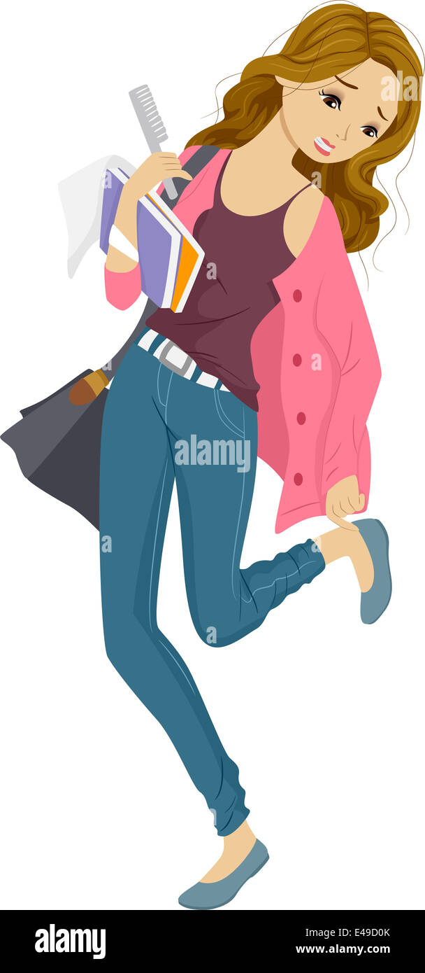 Illustration of a Girl Dressing Frantically to Make it to Class Stock ...