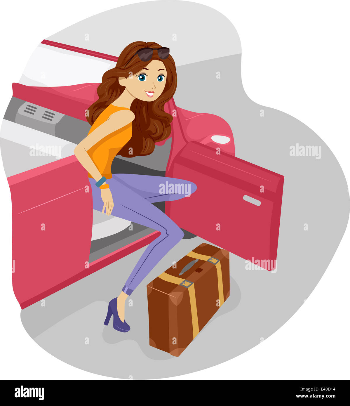 Illustration of a Woman Stepping Out of Her Car with a Piece of Luggage ...