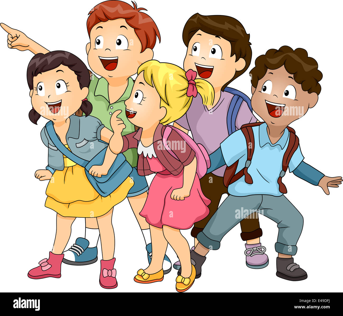 Illustration of a Group of Kids Looking Upwards at the Right Side of ...