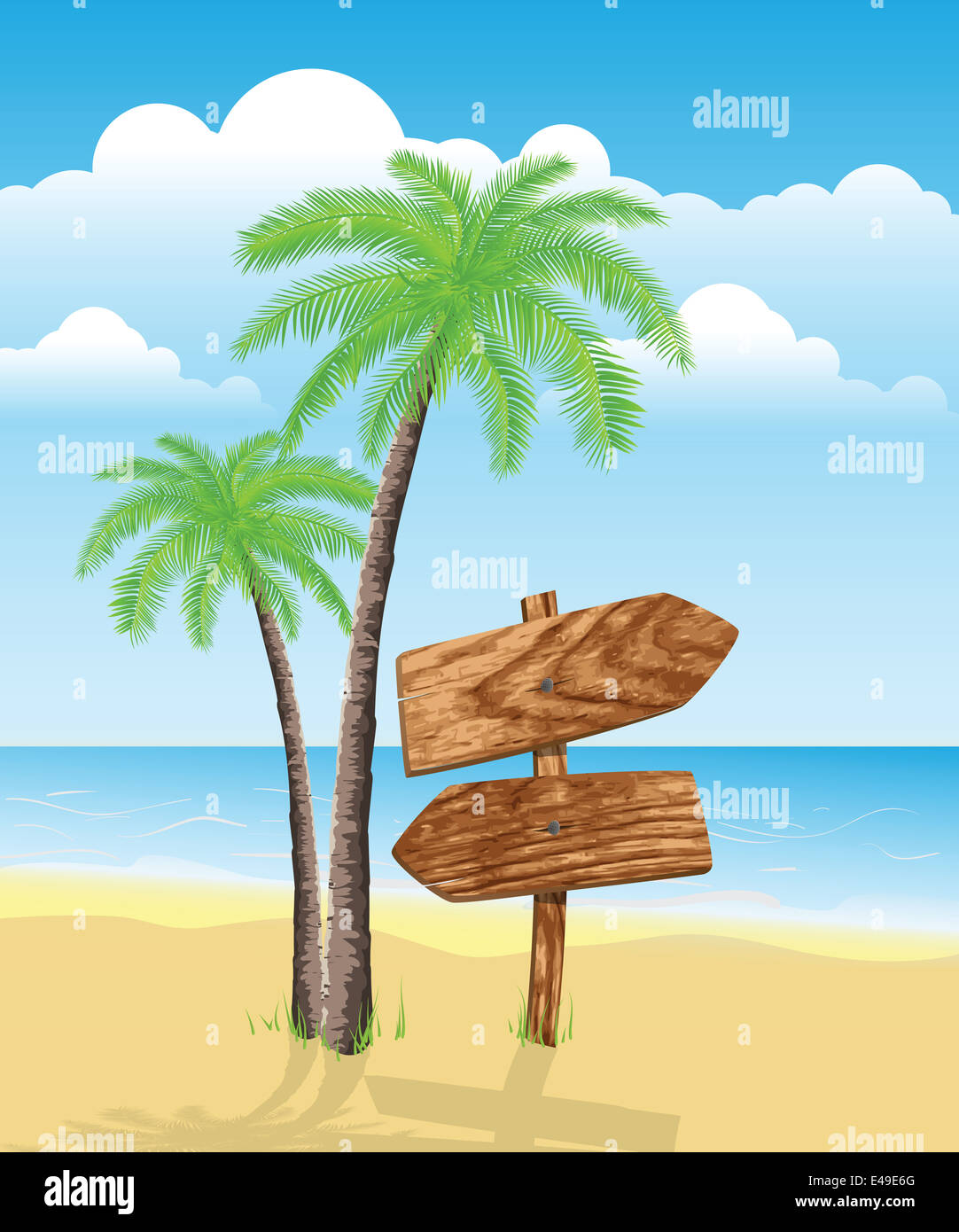 Landscape with palms and wooden sign. Rasterized Copy Stock Photo - Alamy