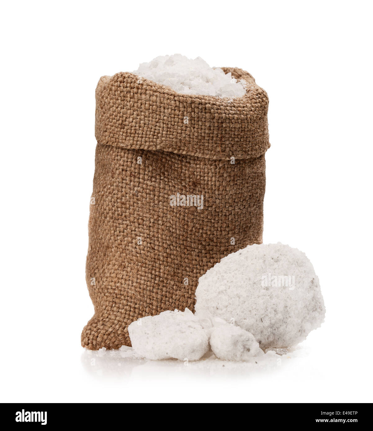 Sea salt in a jute sack on a white background Stock Photo - Alamy