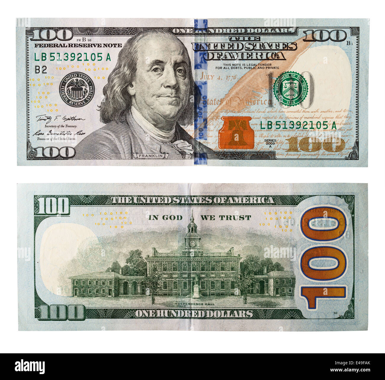 100 dollars isolated on white bacground Stock Photo - Alamy