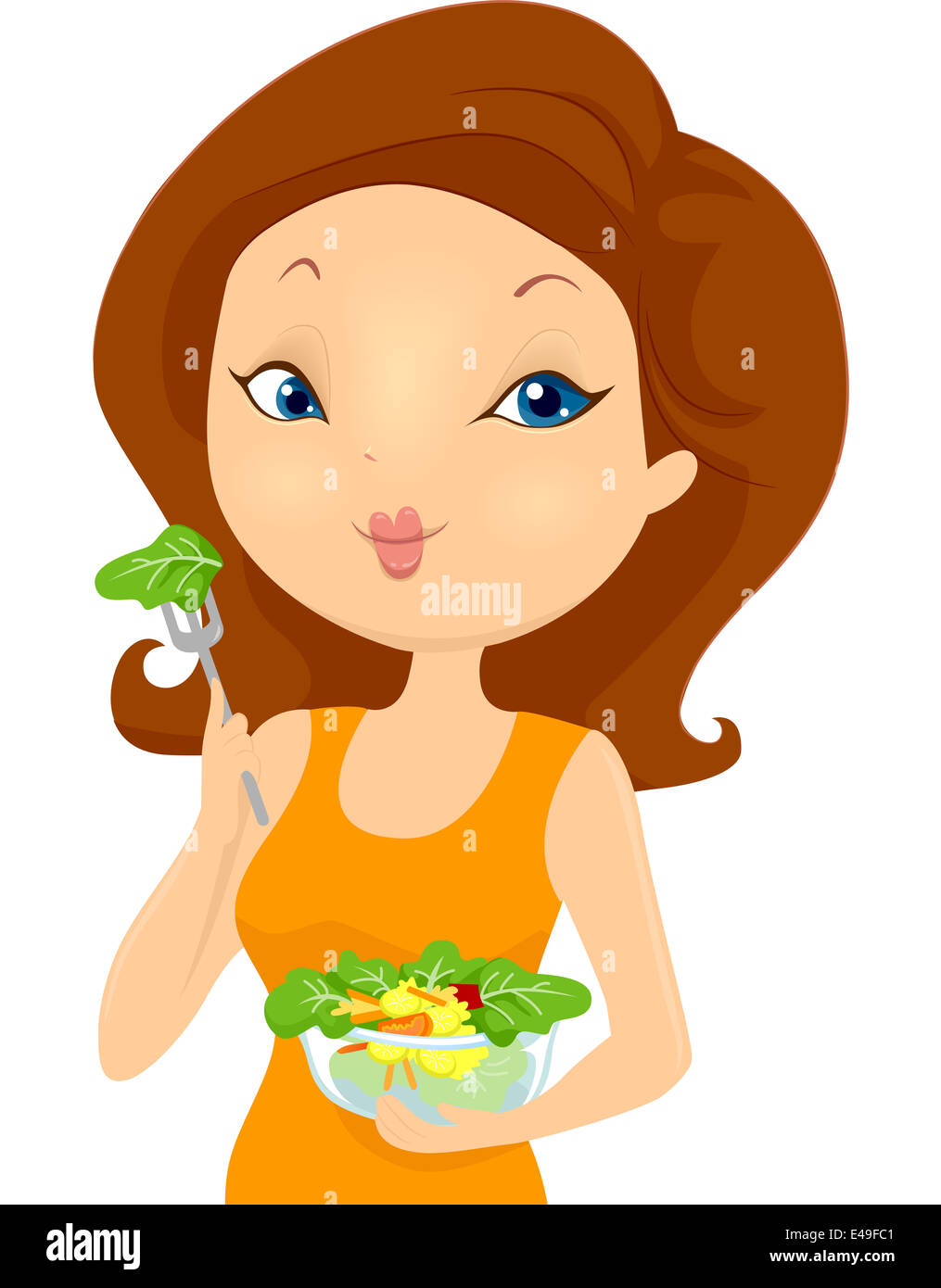 Illustration of a Girl Eating Vegetable Salad Stock Photo - Alamy
