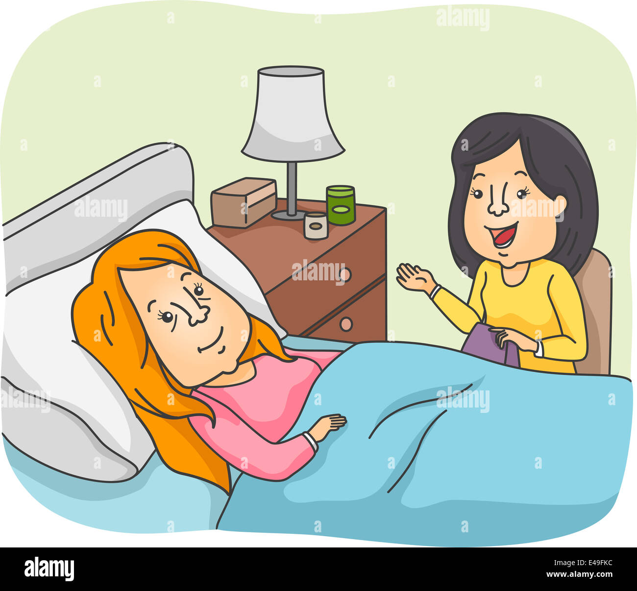 Illustration of a Woman Visiting a Bedridden Patient Stock Photo - Alamy