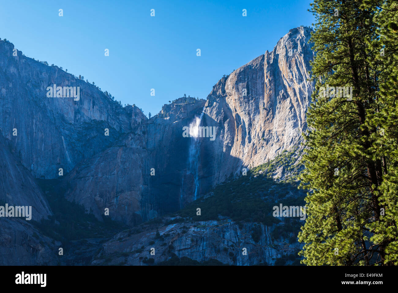 A small portion of Upper Yosemite Falls illuminated by the Sun.Yosemite ...