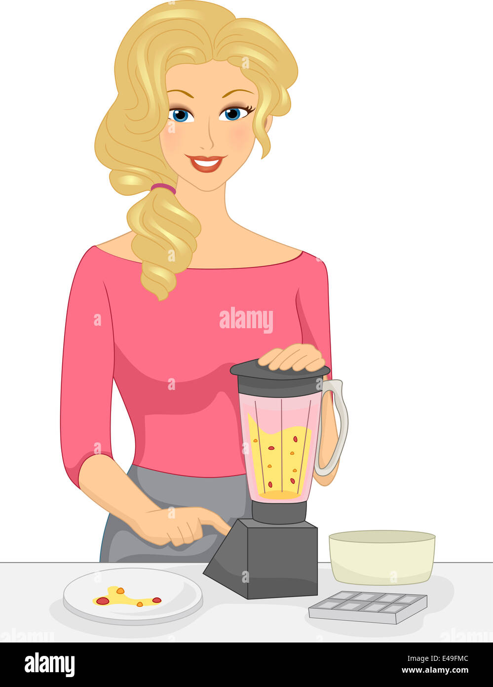 Illustration of a Girl Mixing Fruits in the Blender Stock Photo - Alamy