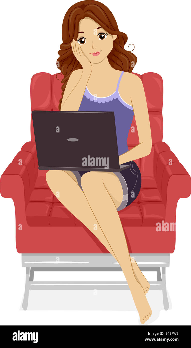 Illustration of a Girl Using Her Laptop at Home Stock Photo - Alamy