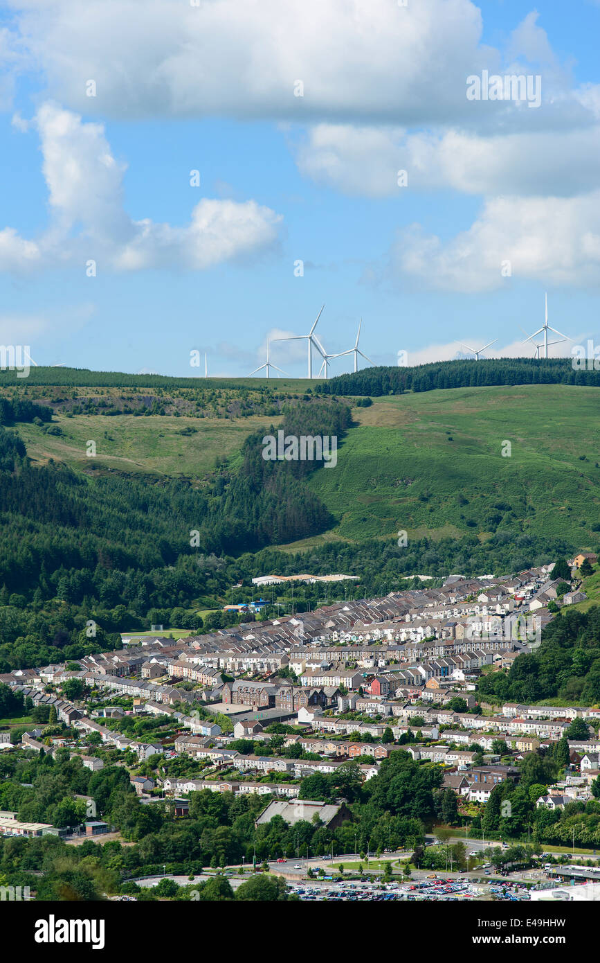 General view of the Rhondda Valley with Wind Turbines on the mountain ...