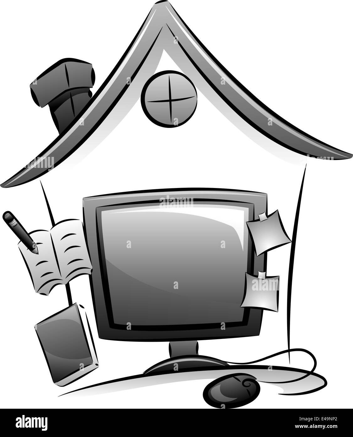 Icon Illustration Featuring a Computer Monitor and a Miniature House ...