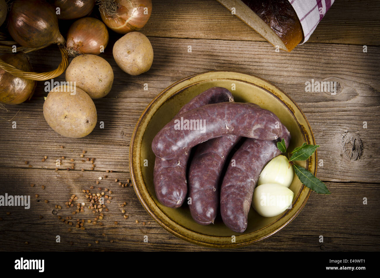 Black pudding blood sausage red background meat blood butcher hi-res ...