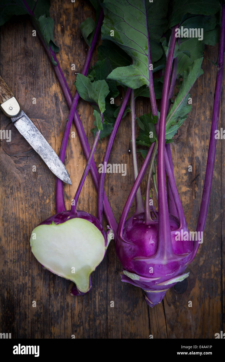 Whole and a half blue turnip cabbages, Brassica oleracea var ...