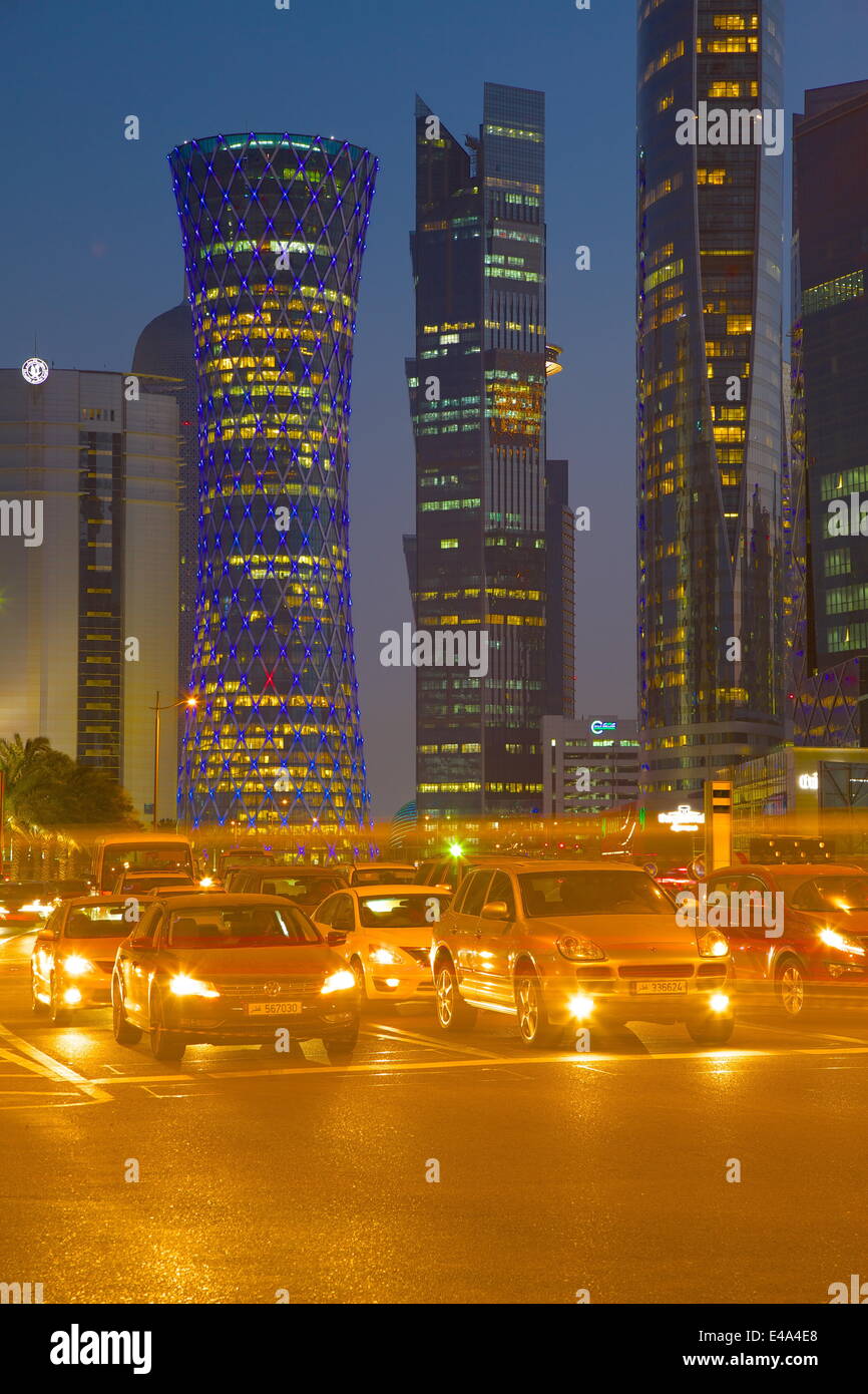 Contemporary architecture and traffic at dusk in the City Centre, Doha ...