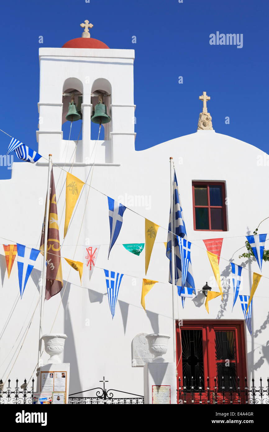 Church with flags in Mykonos Town, Mykonos Island, Cyclades, Greek ...