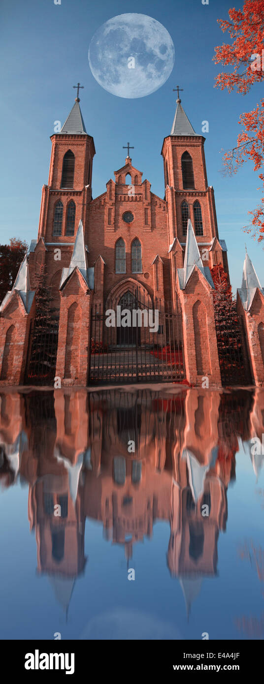 landscape and the moon and the church in the infrared spectrum Stock ...