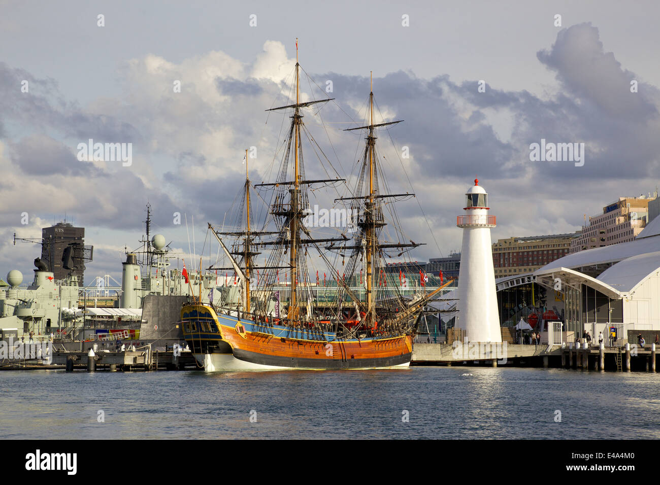 A replica of James Cook's HMS Endeavour, moored alongside the ...