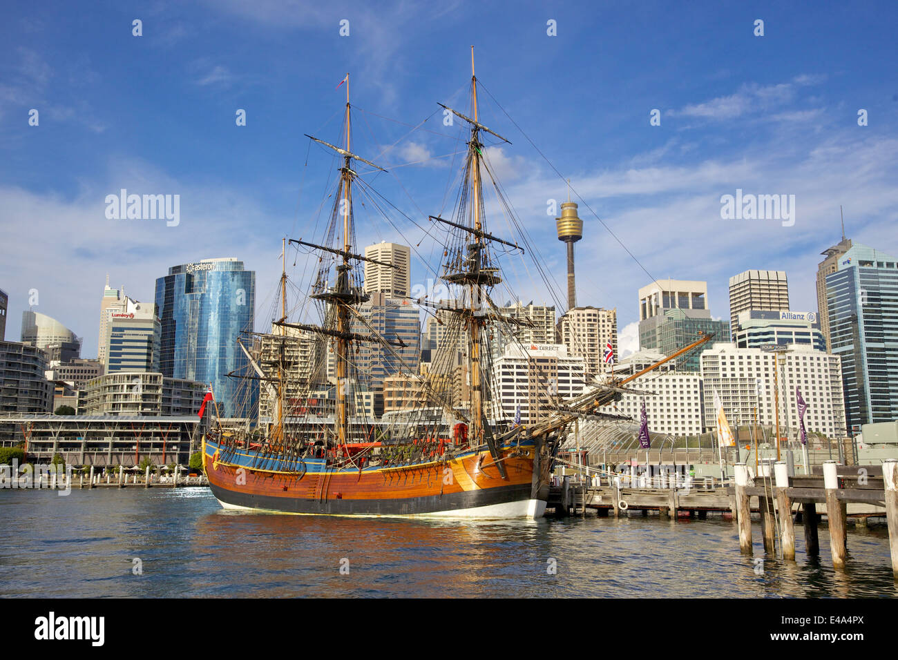 A replica of James Cook's HMS Endeavour, moored alongside the ...