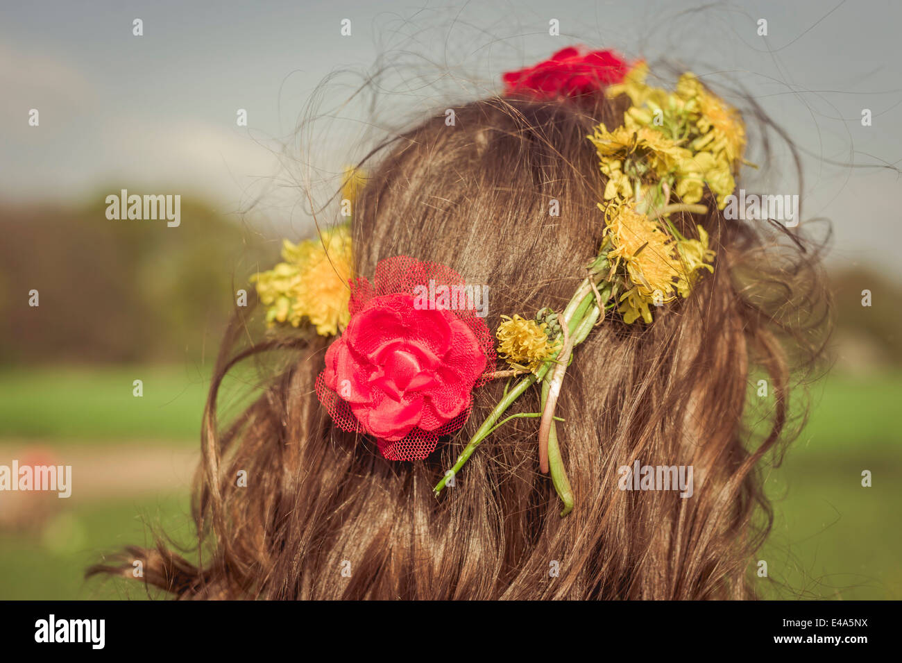 Head of little girl wearing flowers, back view Stock Photo - Alamy