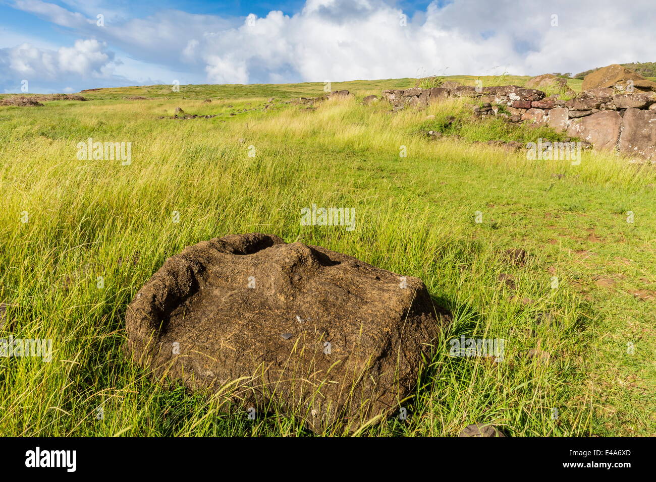 Fallen moai head at the archaeological site at Ahu Vinapu, Rapa Nui ...
