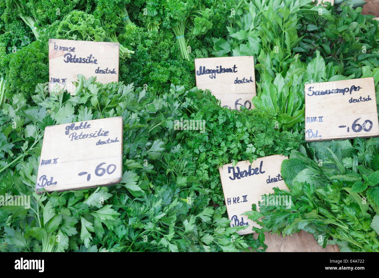 Fresh herbs at a market stall, weekly market, market place, Esslingen ...