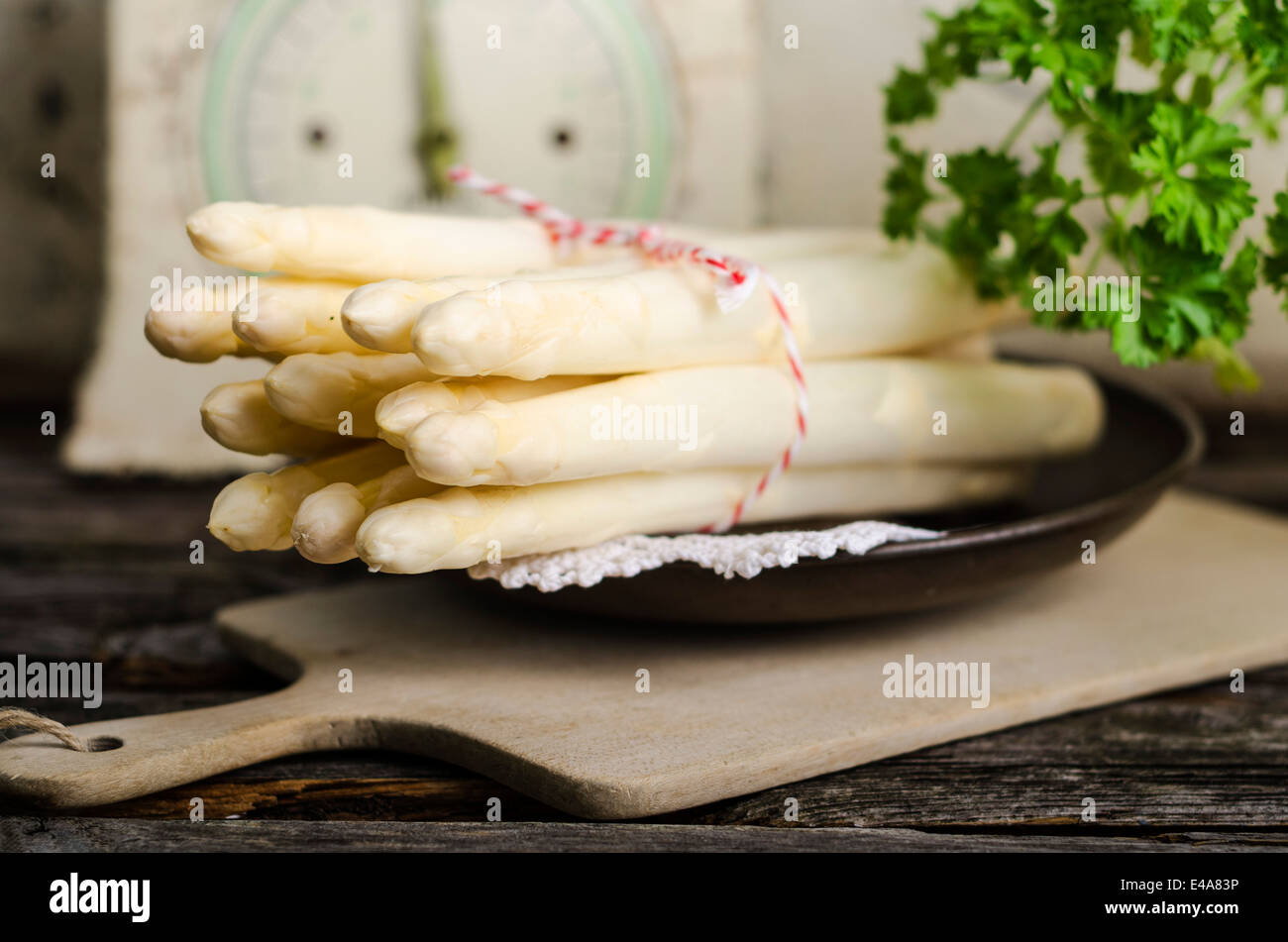 PLate with bunch of white asparagus, Asparagus officinalis Stock Photo ...