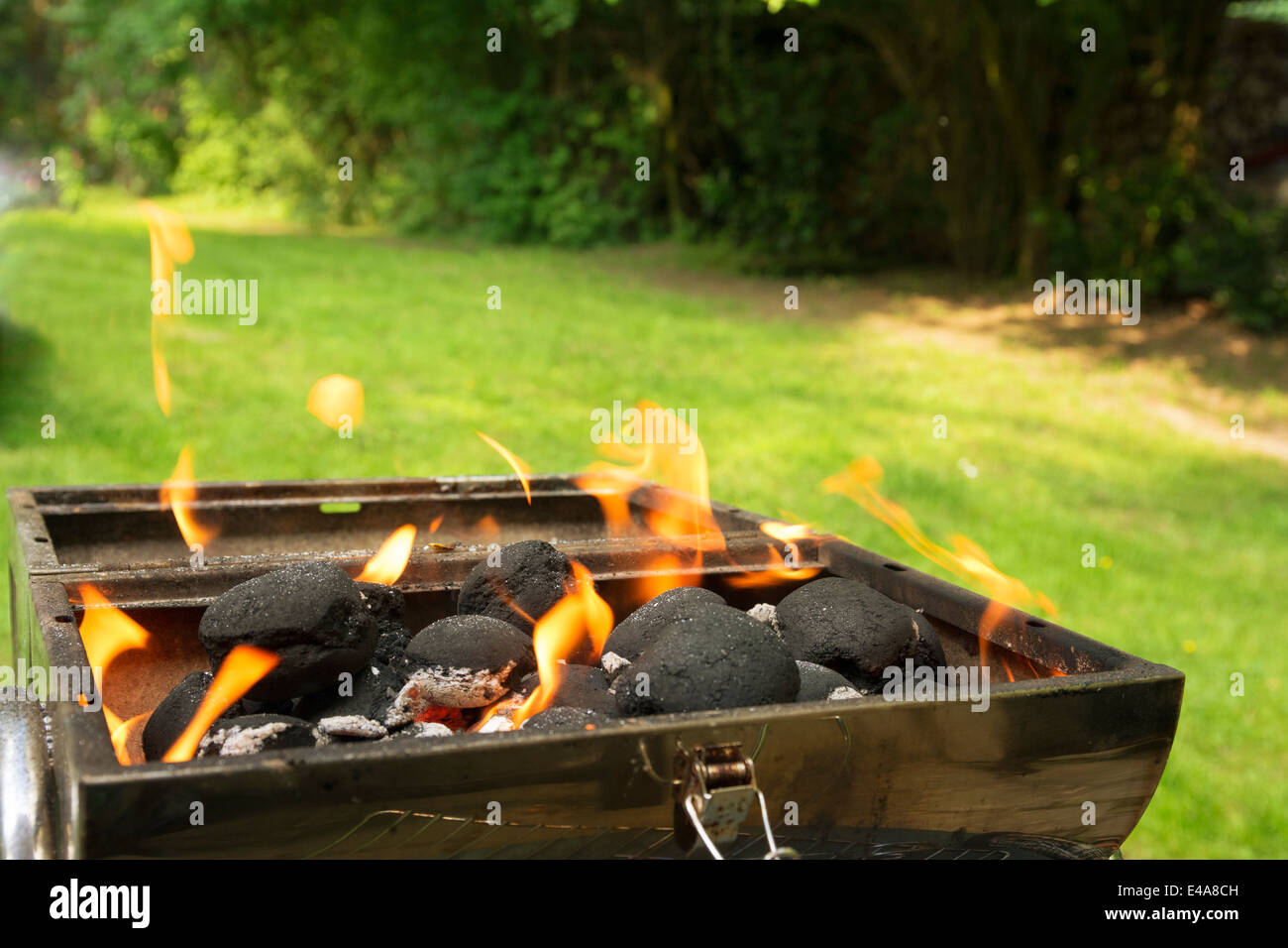 Burning coal briquets on grill in garden Stock Photo - Alamy
