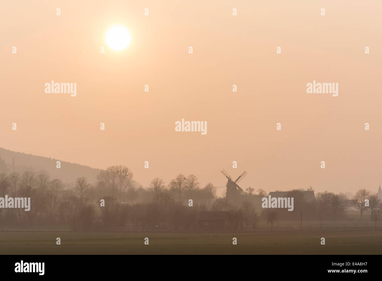 Germany, North Rhine-Westphalia, Luebbecke, landscape with silhouette ...