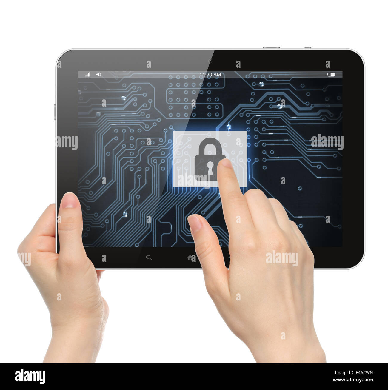 Hand pushing virtual security button on digital background of tablet PC ...