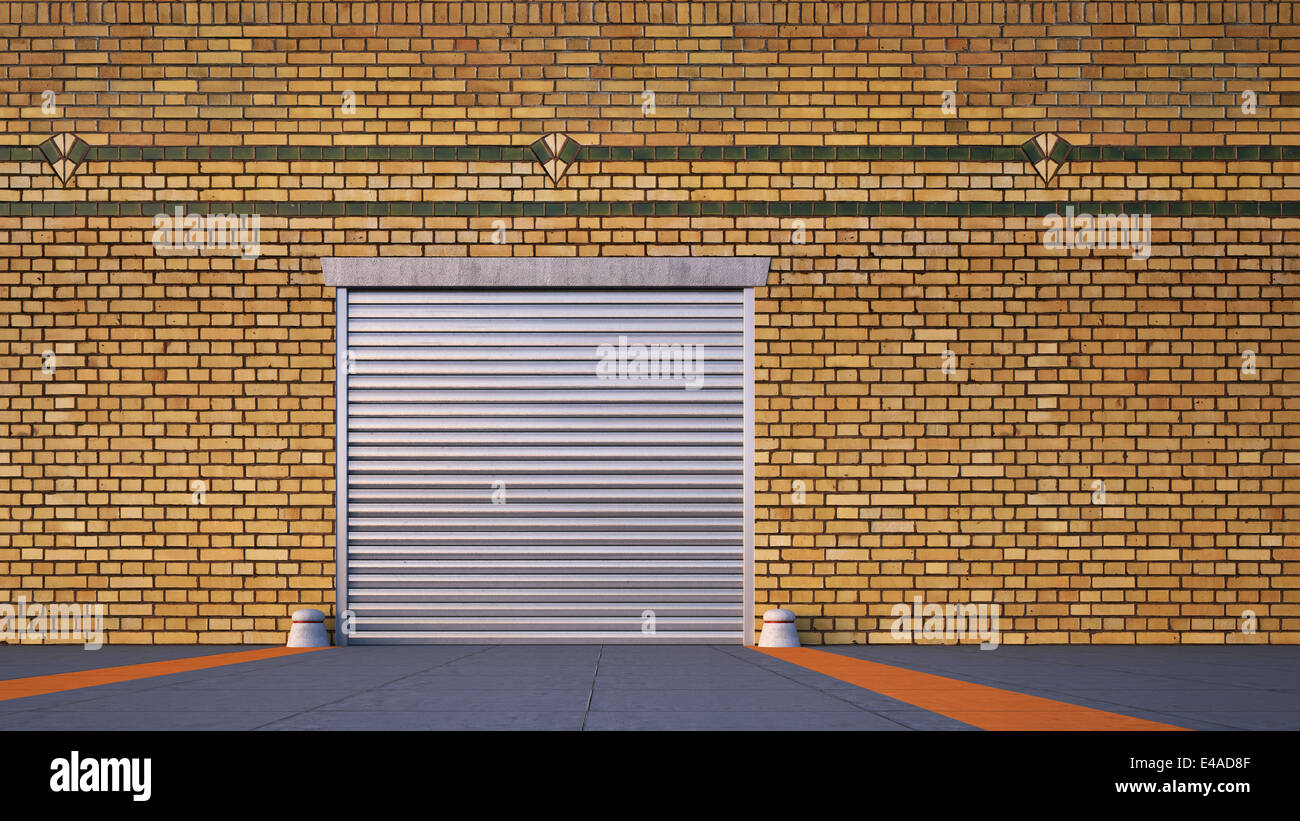 Roller shutter and brick slip cladding of an old factory, 3D Rendering ...