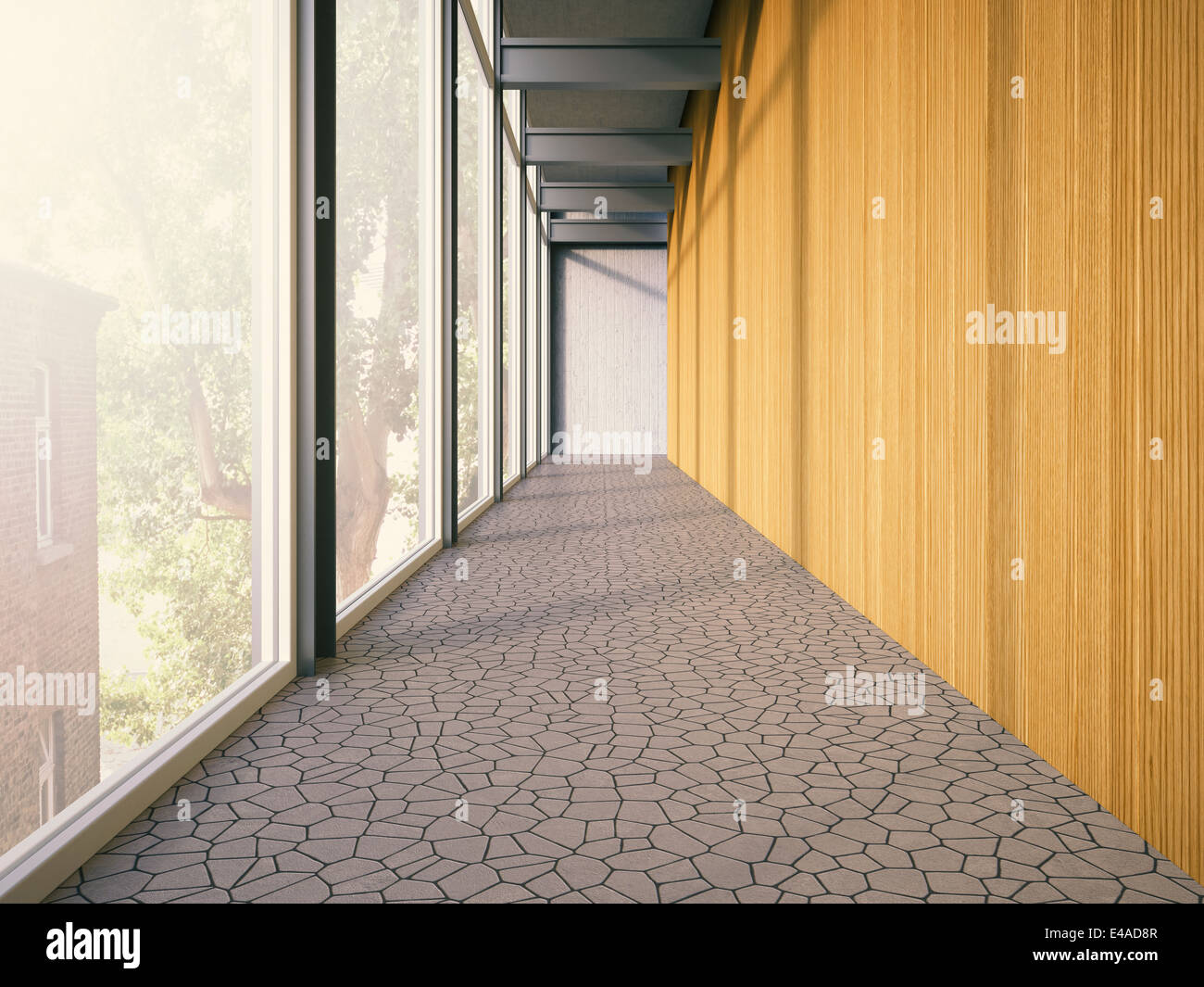 Hallway with window and wooden wall of a modern building, 3D Rendering ...