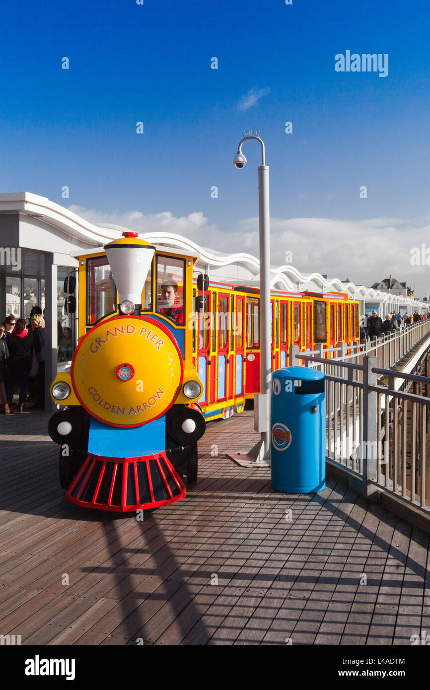 The Golden Arrow train arriving at the end of the rebuilt Grand Pier ...