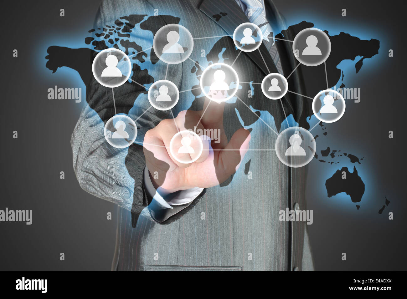 Businessman with hand pressing virtual social media button on black ...