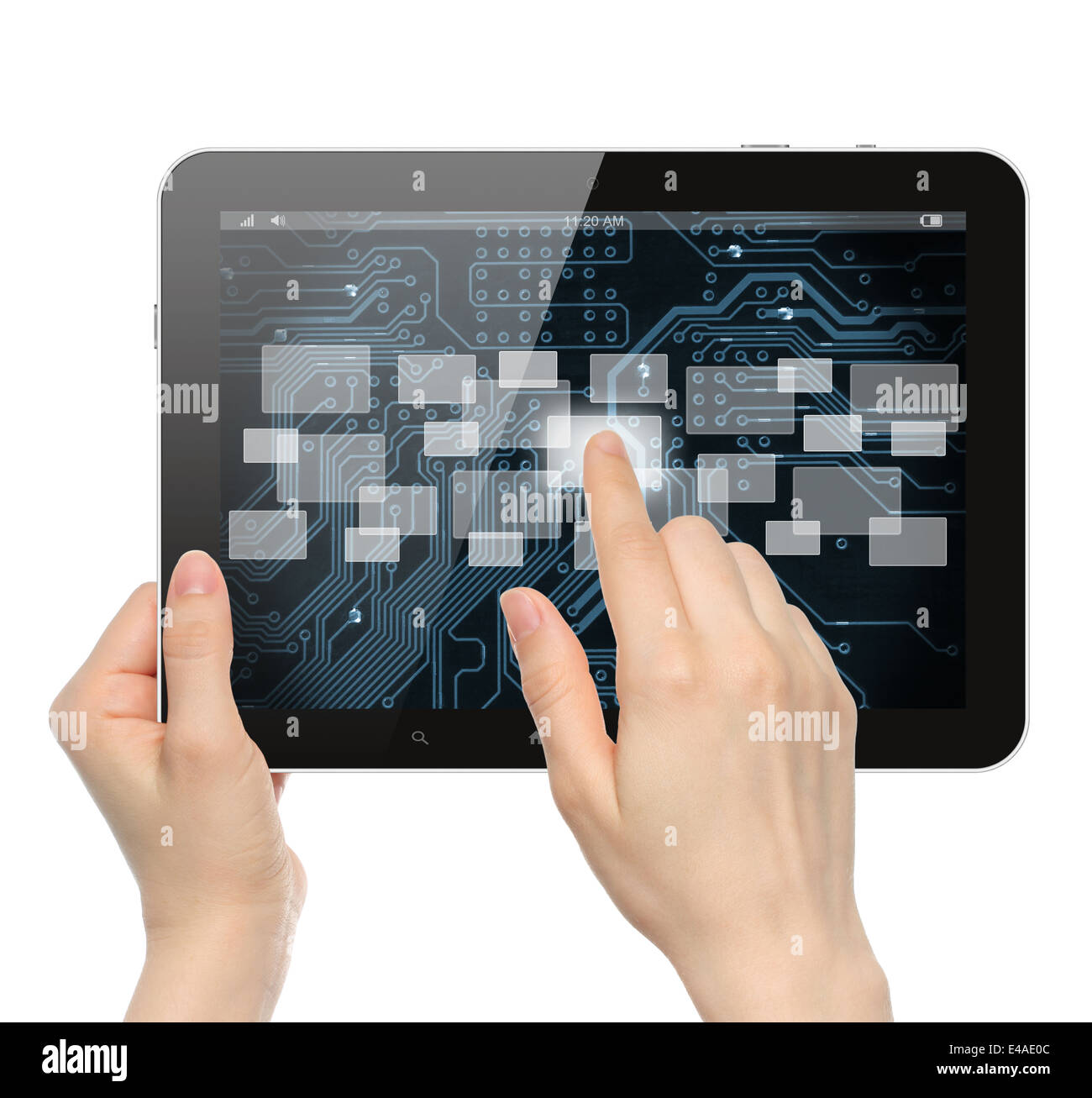 Hand pushing virtual button on digital background of tablet PC Stock ...