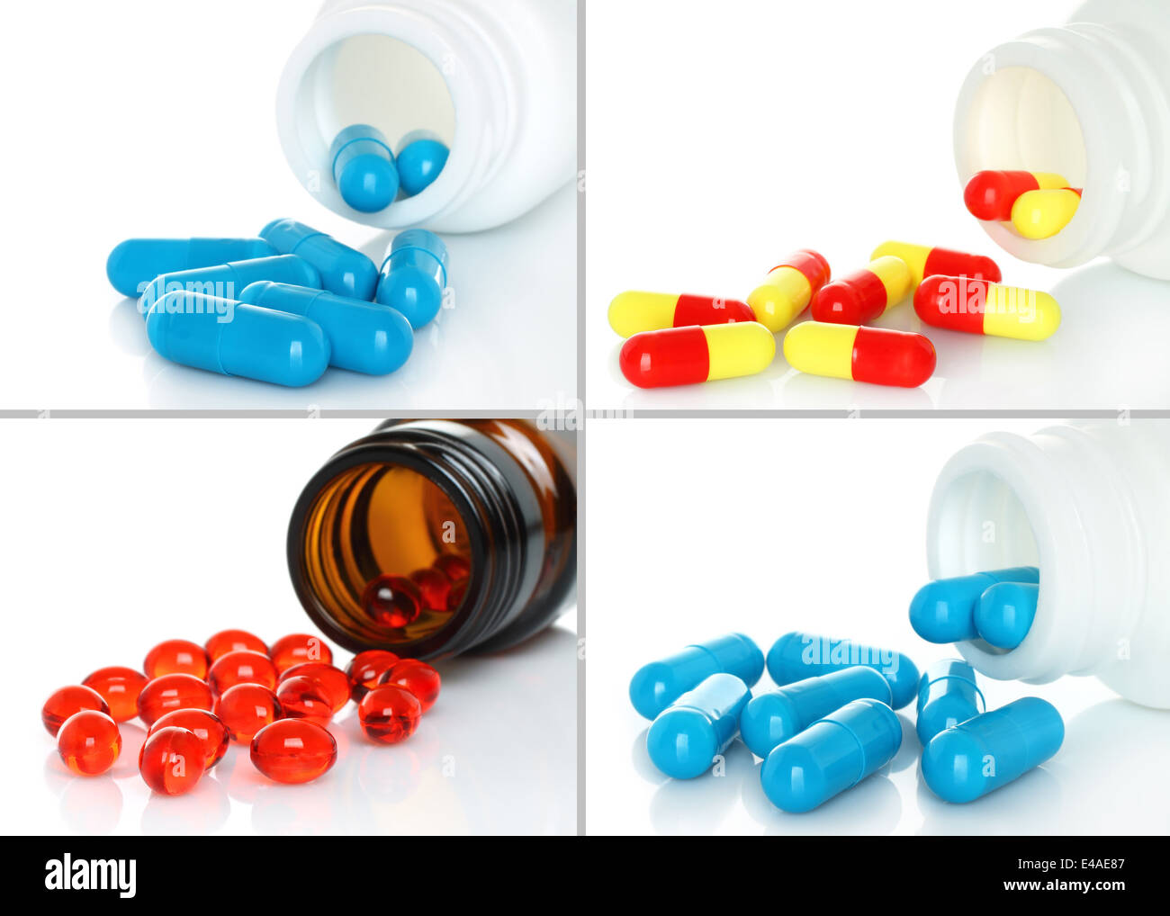 Pills pouring from bottle set on white background Stock Photo - Alamy