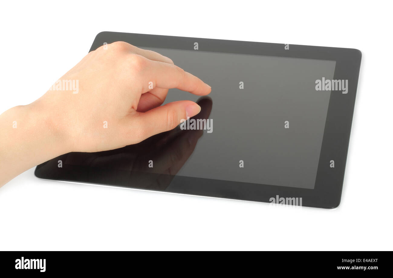 Hand toching tablet PC isolated on white background Stock Photo - Alamy