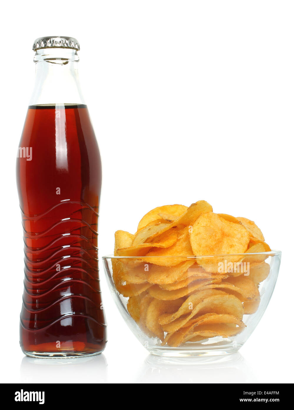 Bottle of cola with potato chips on white background Stock Photo - Alamy