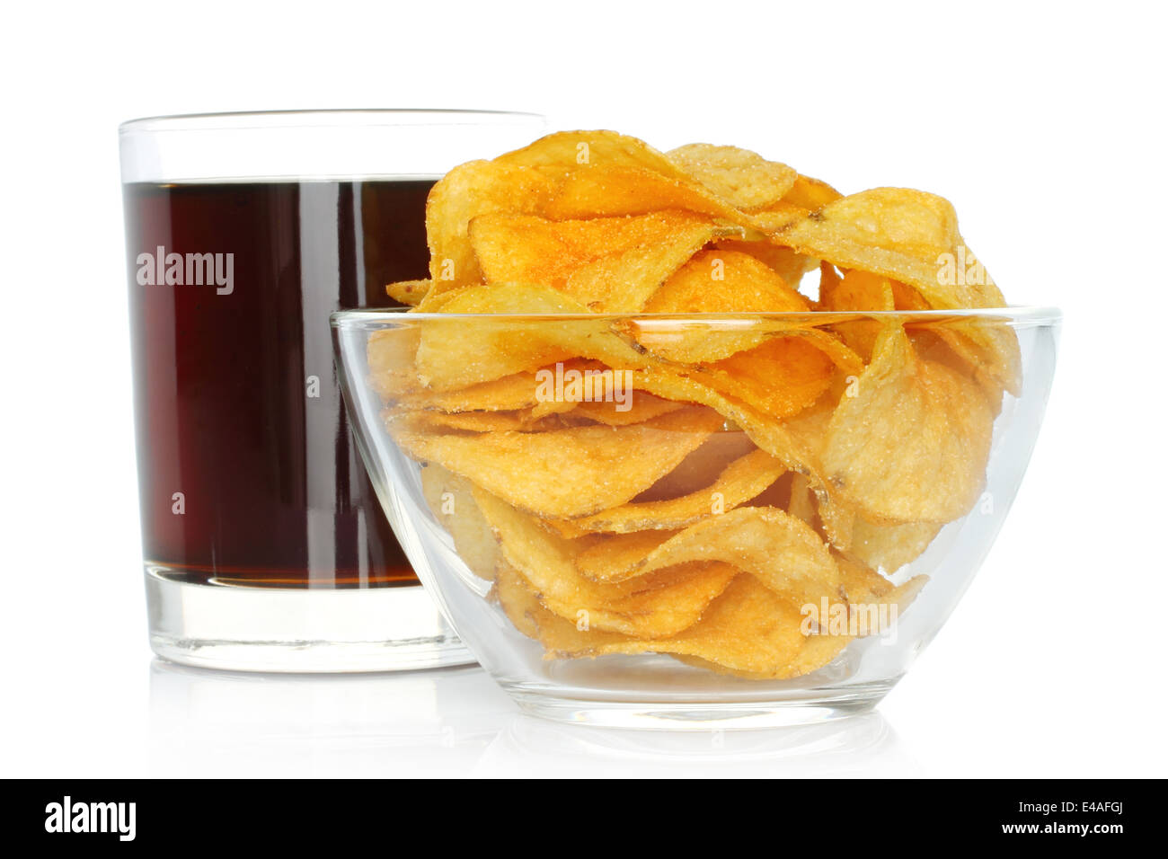 Glass of cola with potato chips on white background Stock Photo - Alamy