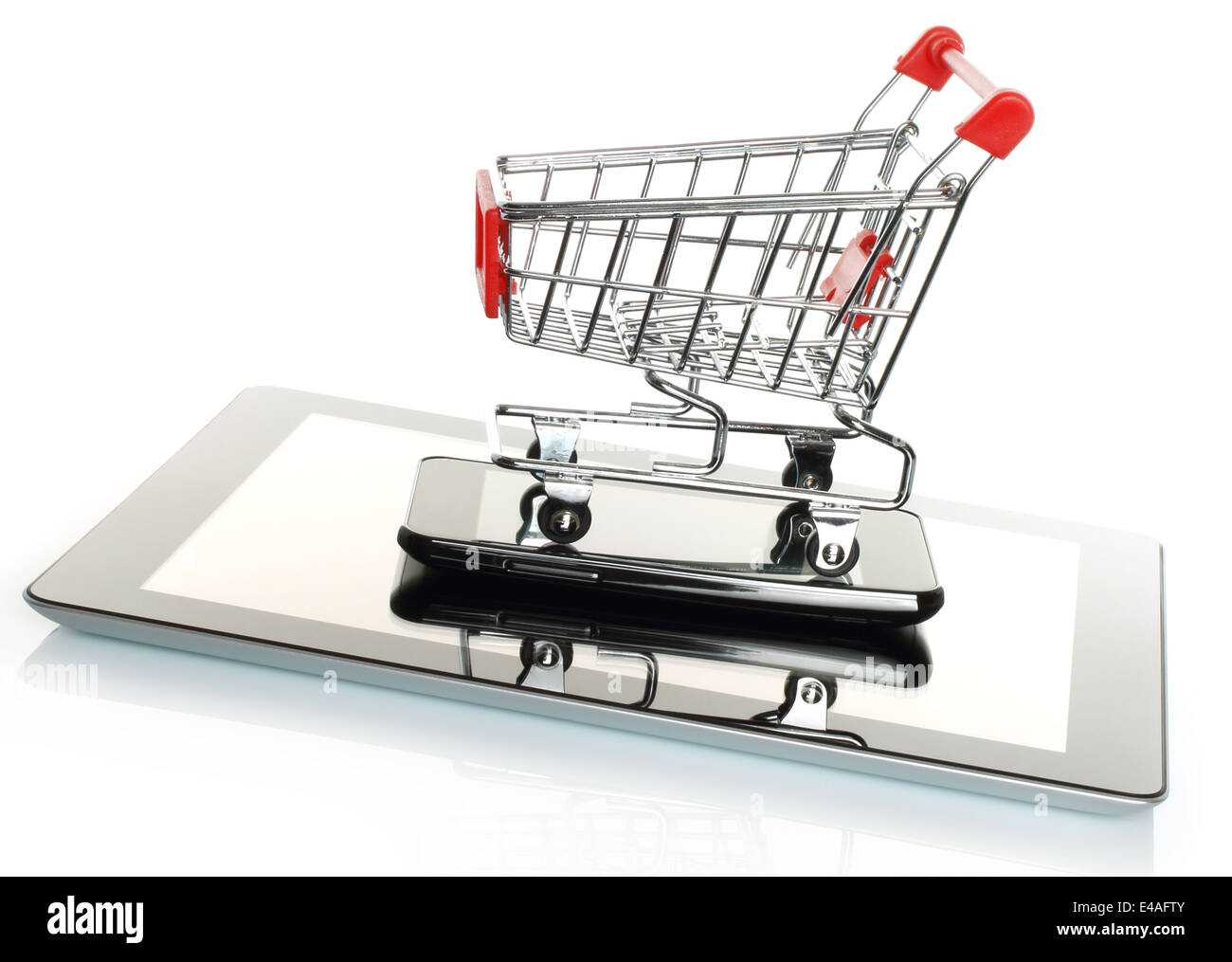 Tablet PC and smart phone with shopping cart on white background Stock ...