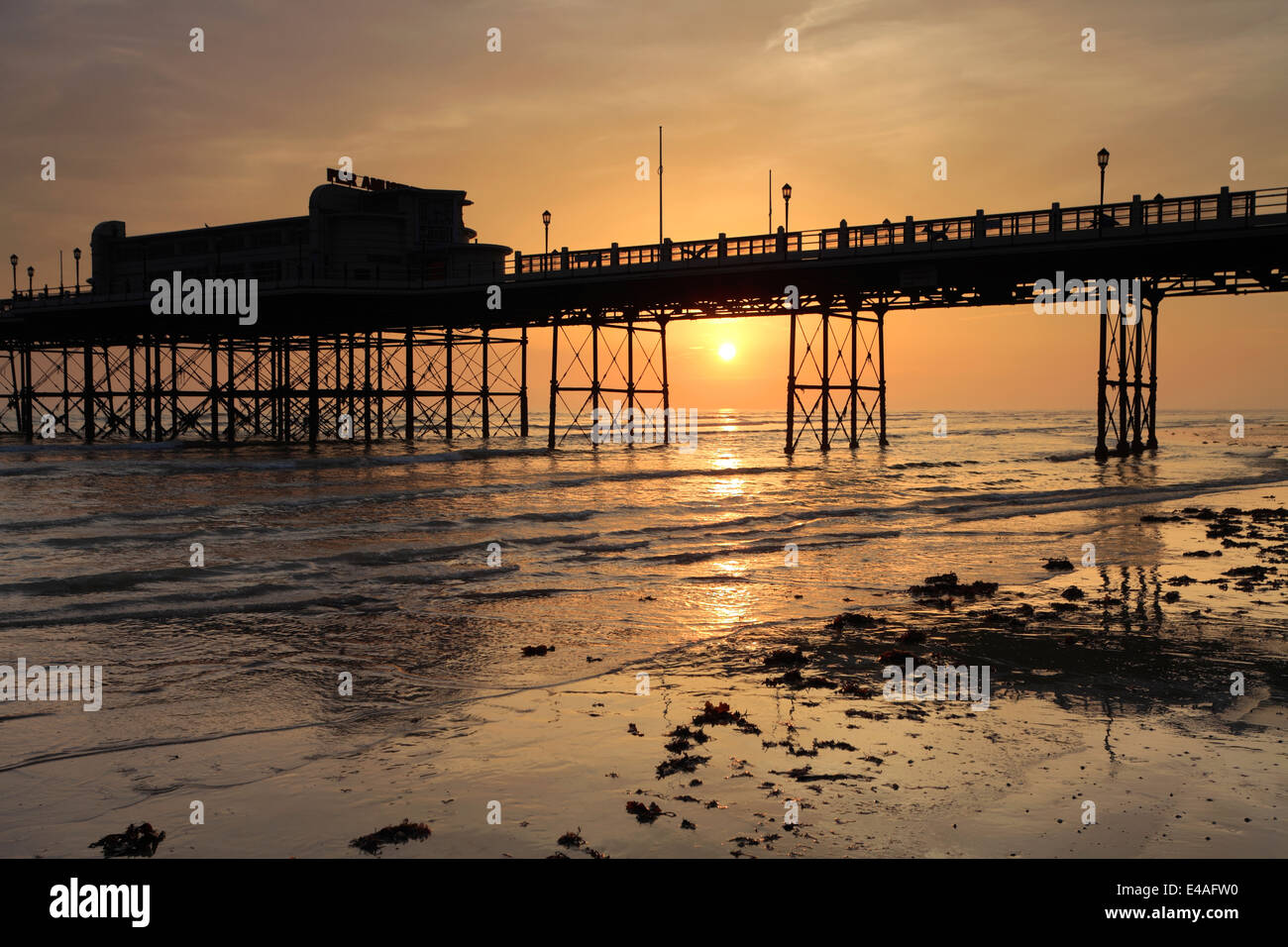 Sunset over the Victorian Pier, Worthing town, West Sussex County ...